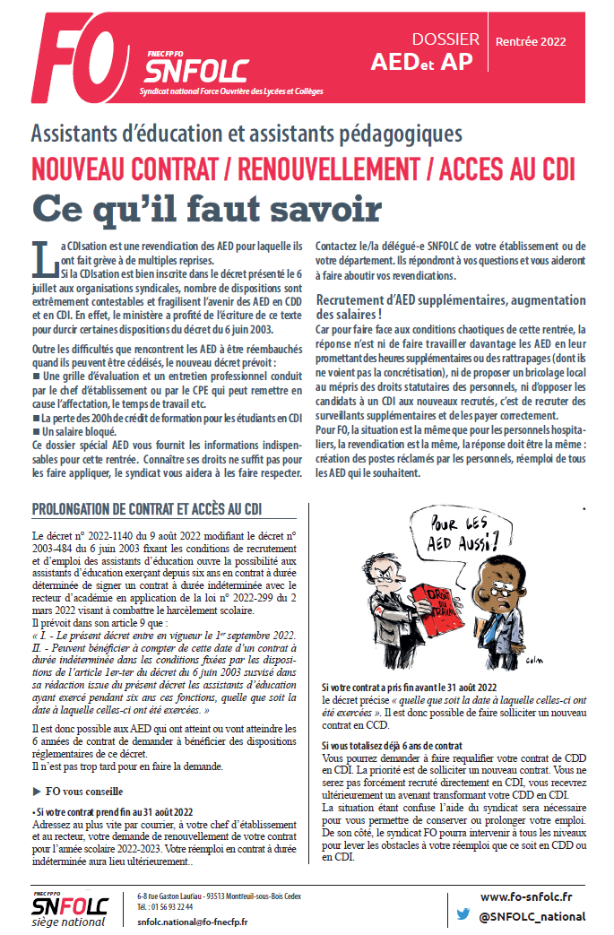 Infos de rentrée pour les AED : nouveau contrat, renouvellement, accès au CDI – SNFOLC 35